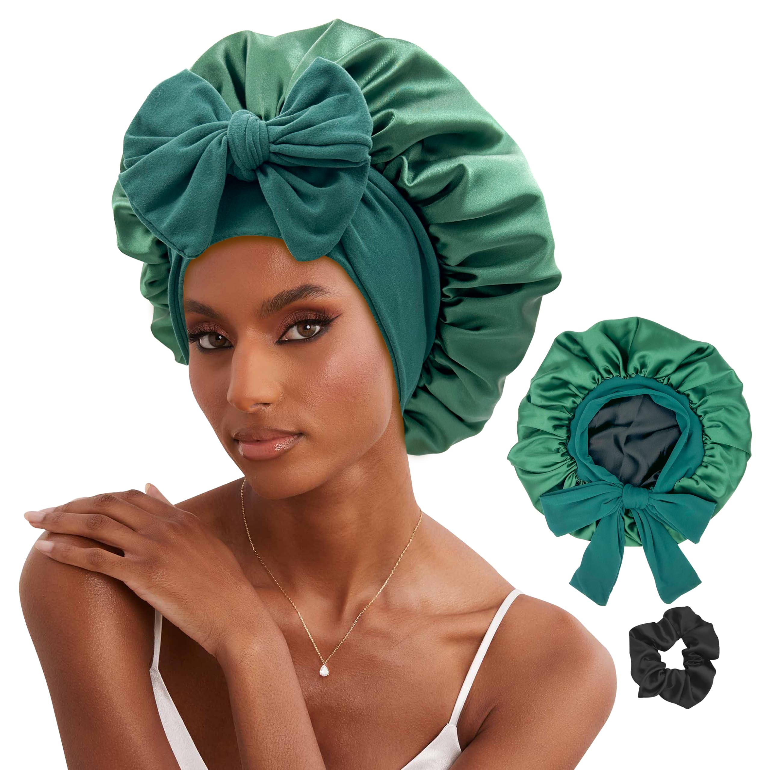 Amazon.com : Double Layer Satin Silk Hair Bonnet for Sleeping Women ...