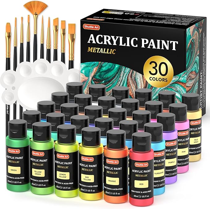Shuttle Art Metallic Acrylic Paints Set, 30 Colours Metallic Paint in ...