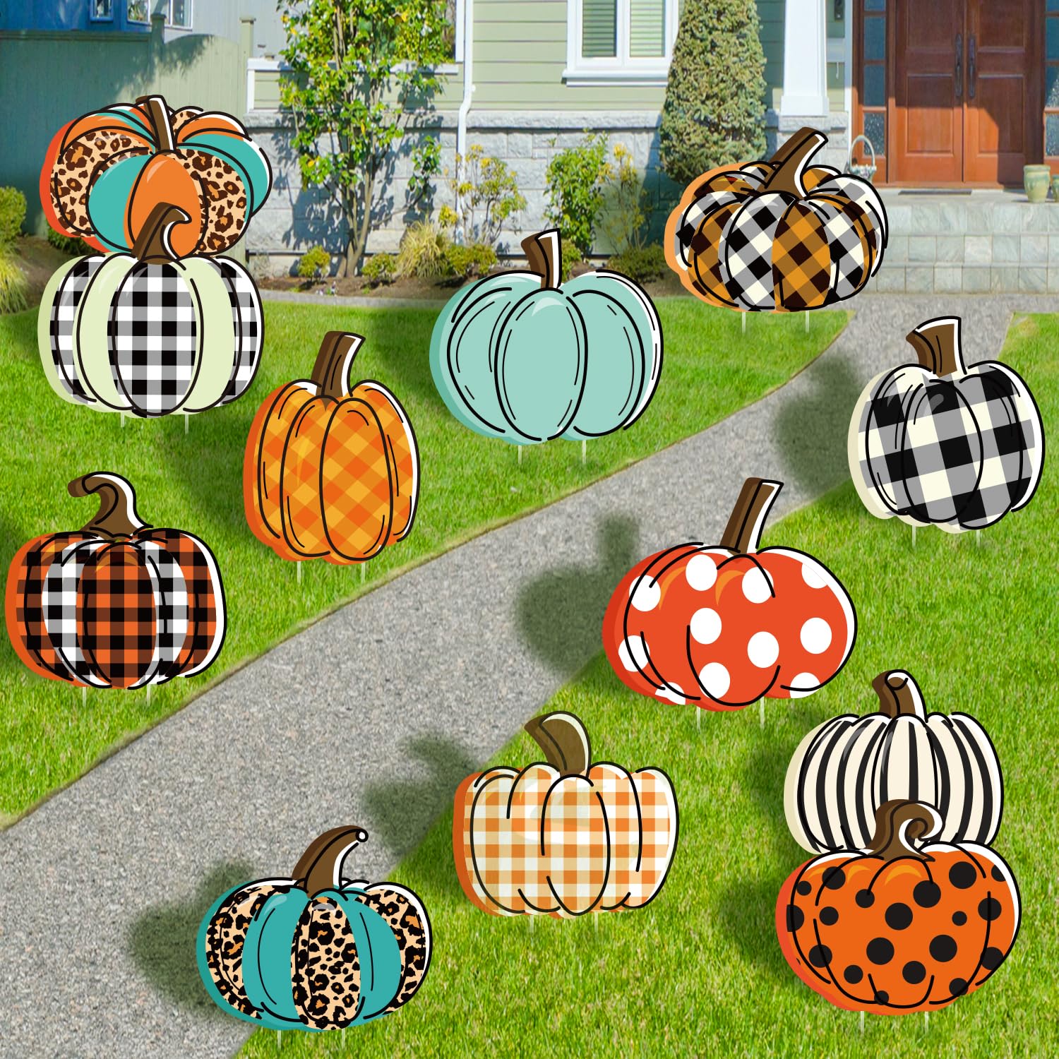 Amazon.com : Quera 12Pcs Fall Yard Signs Plaid Pumpkin Yard Stakes ...
