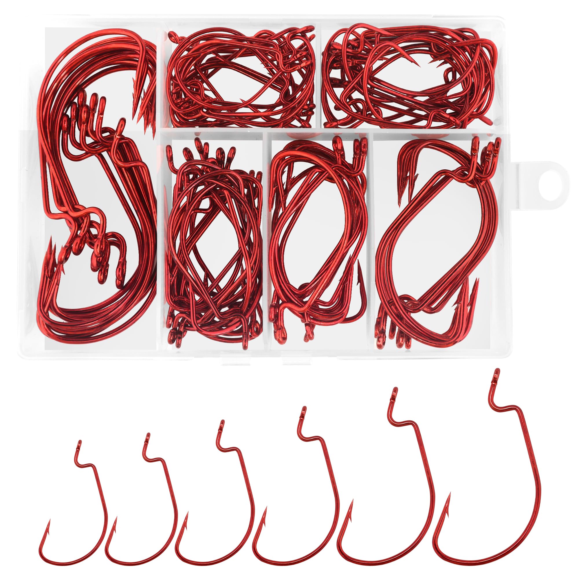 Amazon.com : 110Pcs Red Bass Hooks,6 Size Worm Fishing Hooks Freshwater ...