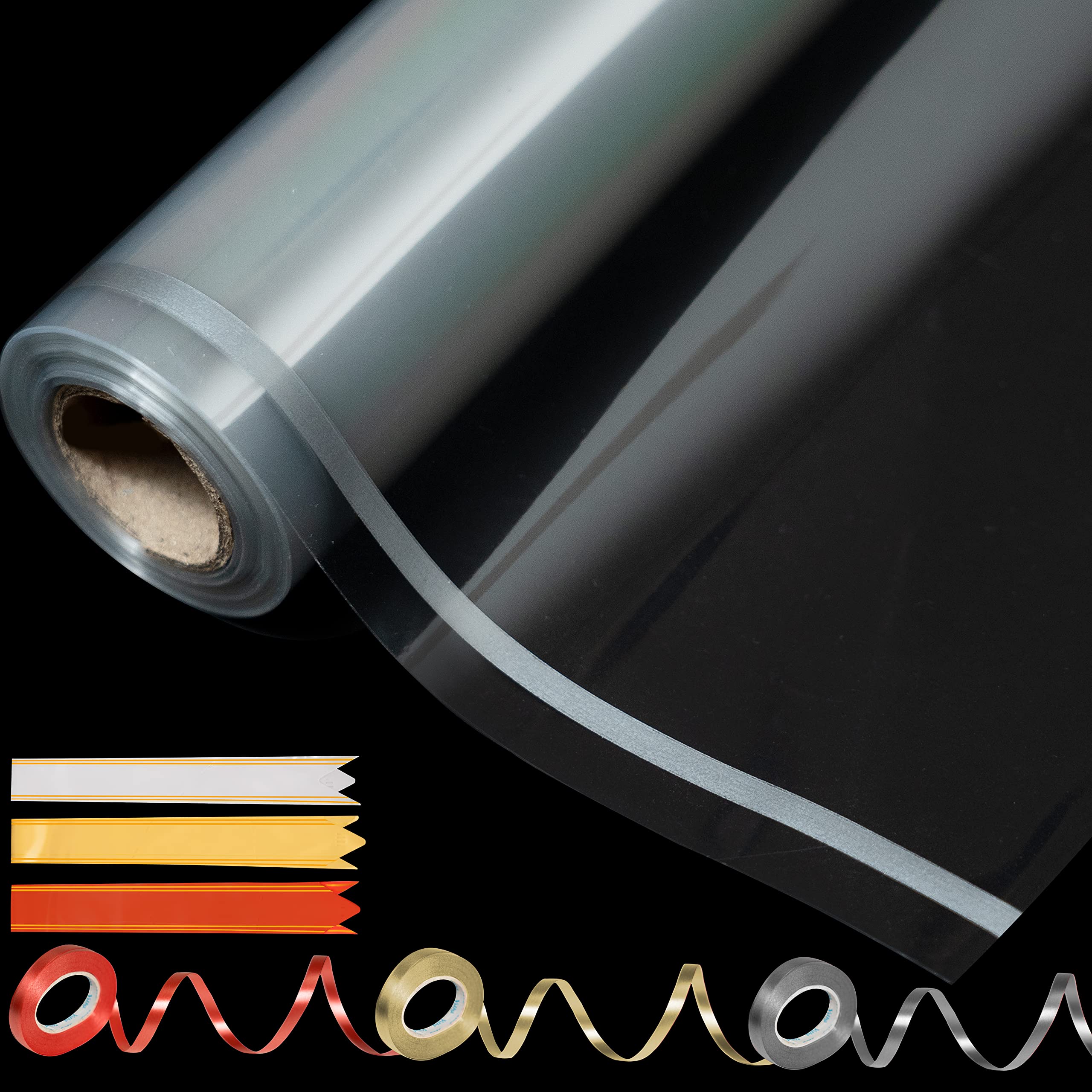 Cellophane Wrap Roll (30M x 80cm - Folded) 3.5Mil Thick with 3 Ribbons ...