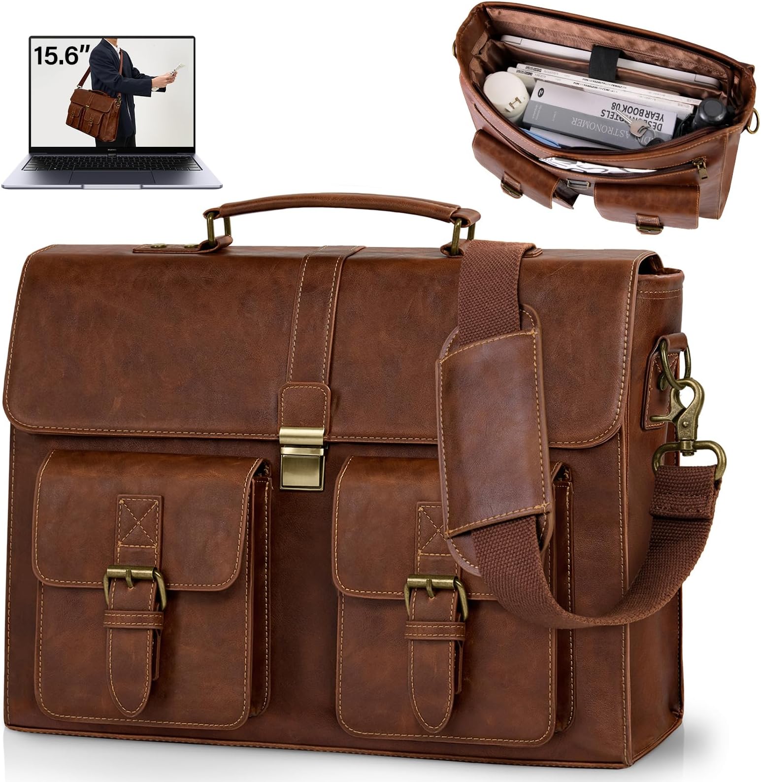Amazon.com: ESTARER Mens Leather Briefcase 15.6 Inch Laptop Messenger ...
