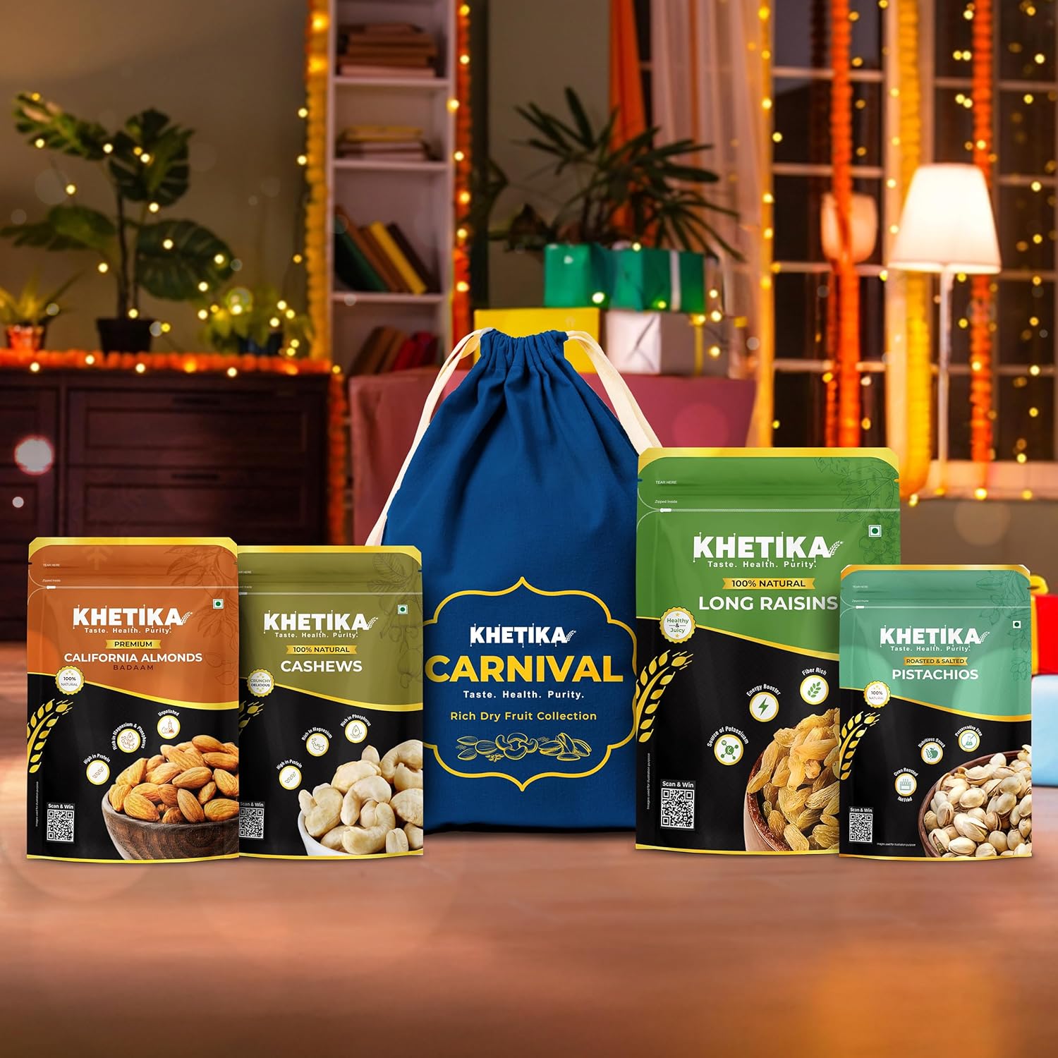 Khetika Premium Royal Mix Dry Fruits Gift Potli 800g | Almonds, Cashews, Raisins & Pistachios ...