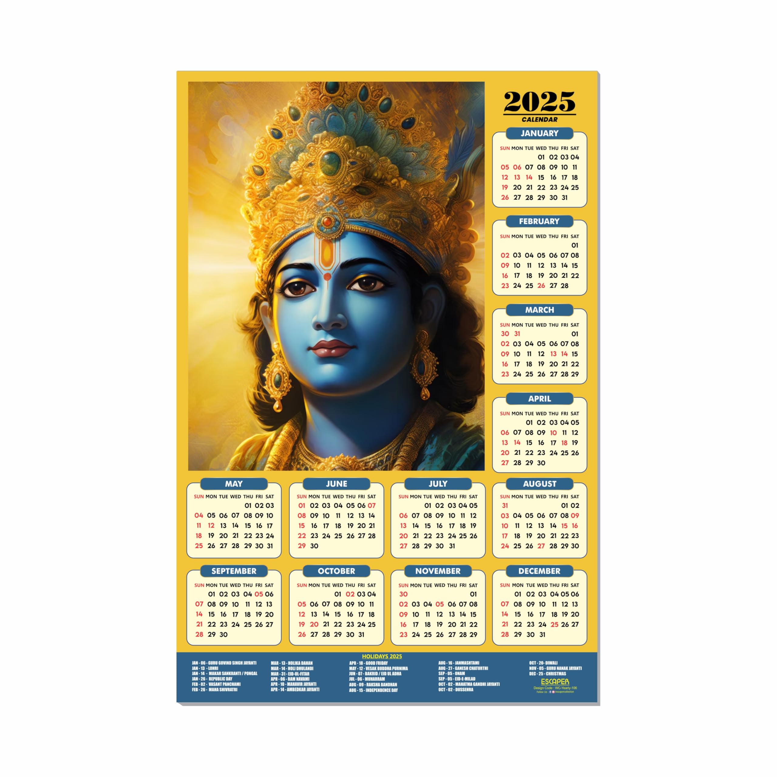Escaper Shree Krishna Wall Calendar 2025 45 X 30 Cm | Desertcart INDIA