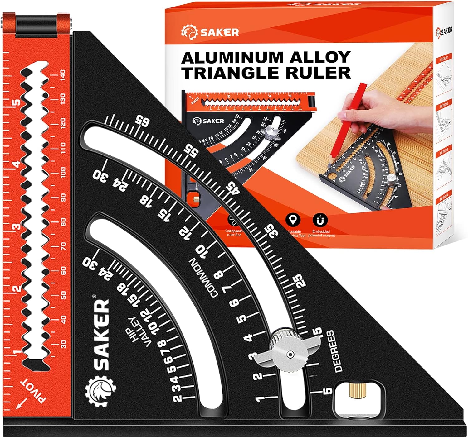 Saker Aluminum Triangle Ruler with Protractor & Base | Layout Tool for ...
