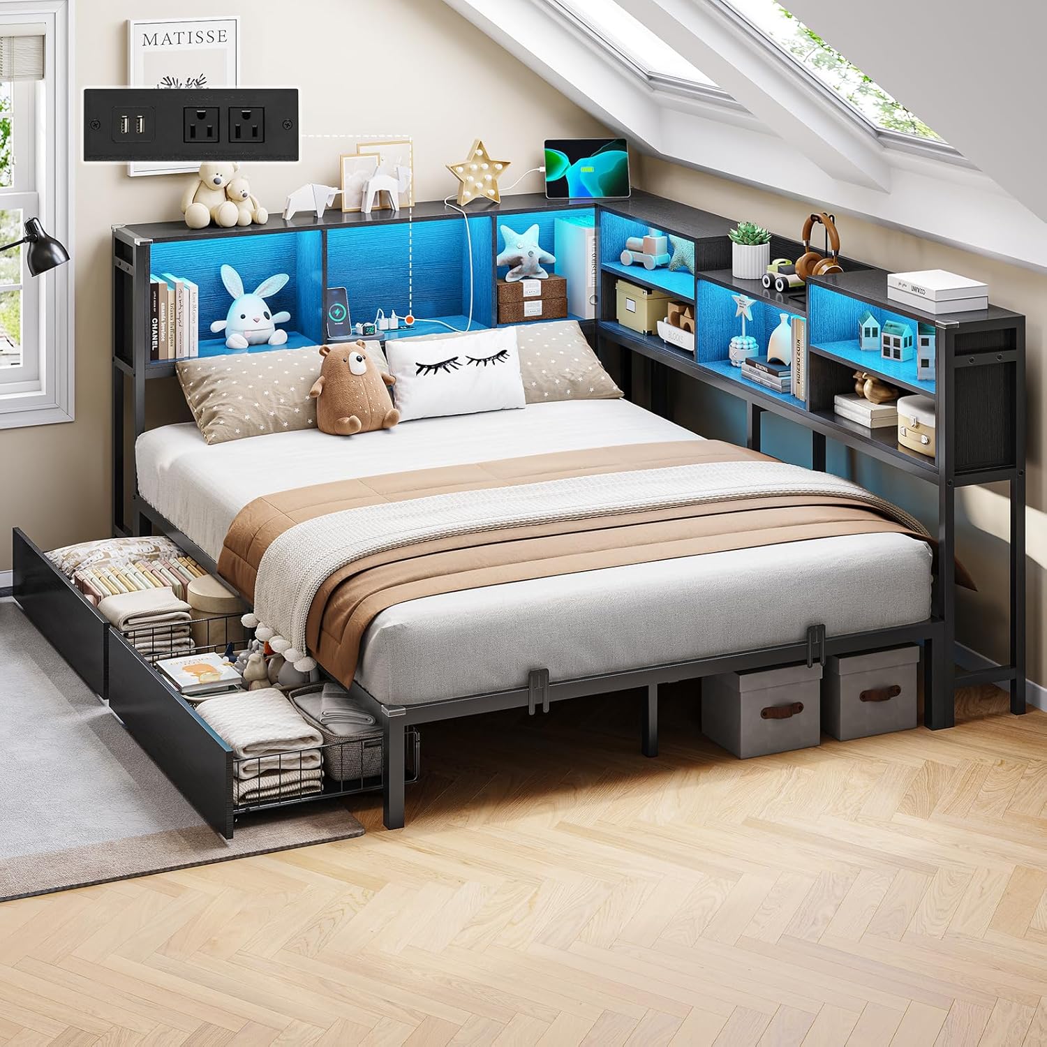 Amazon.com: DICTAC Full Corner Bed Frame with Bookcase Storage and Led ...