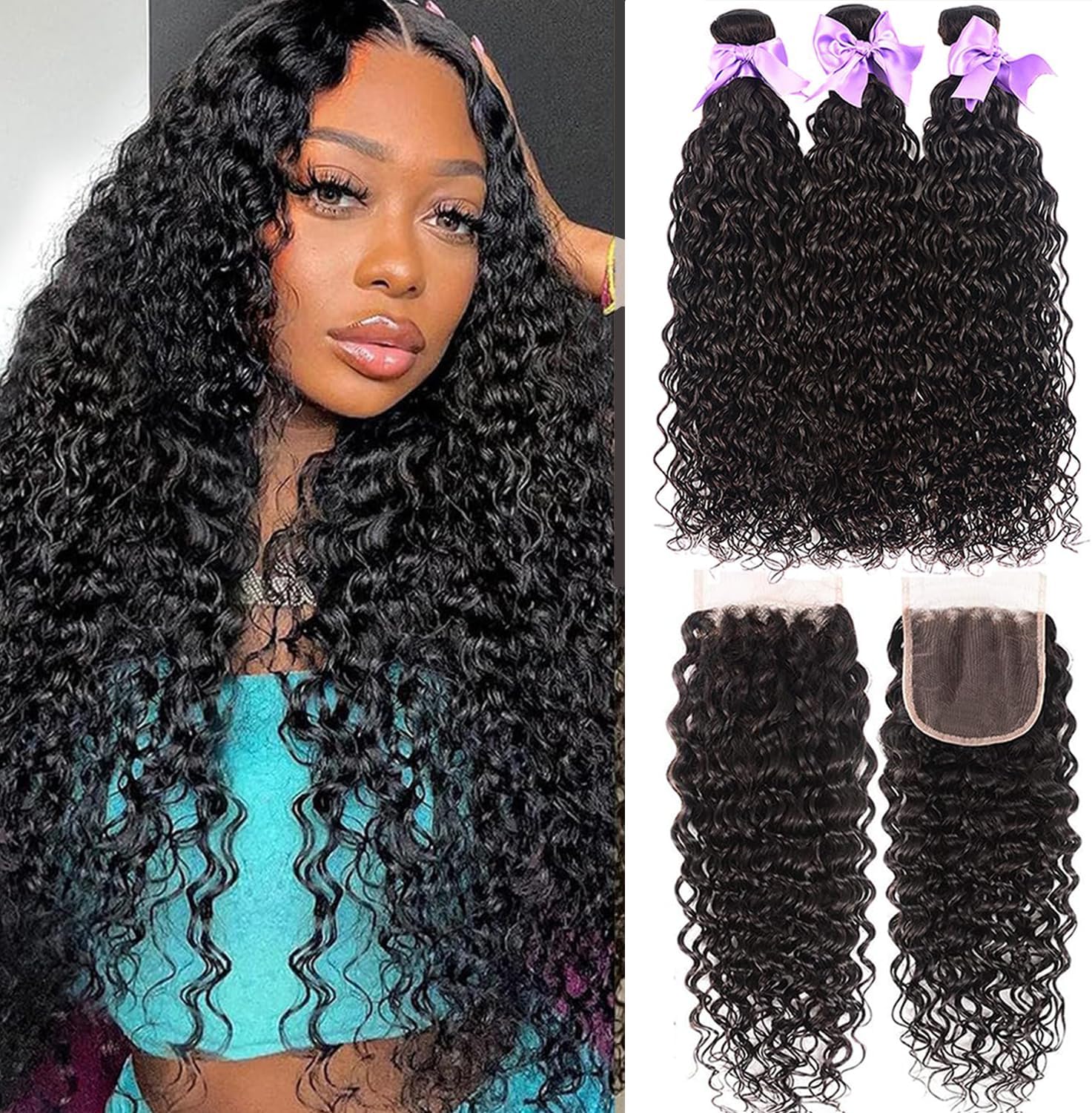 Amazon.com : Water Wave Bundles Human Hair 3 Bundles Water Curly (20 22 ...