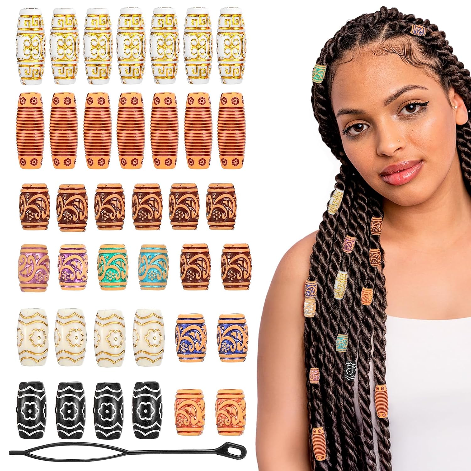 Amazon.com : 38 Pcs Wooden Hair Beads, Hair Tube Bead Loc Beads ...