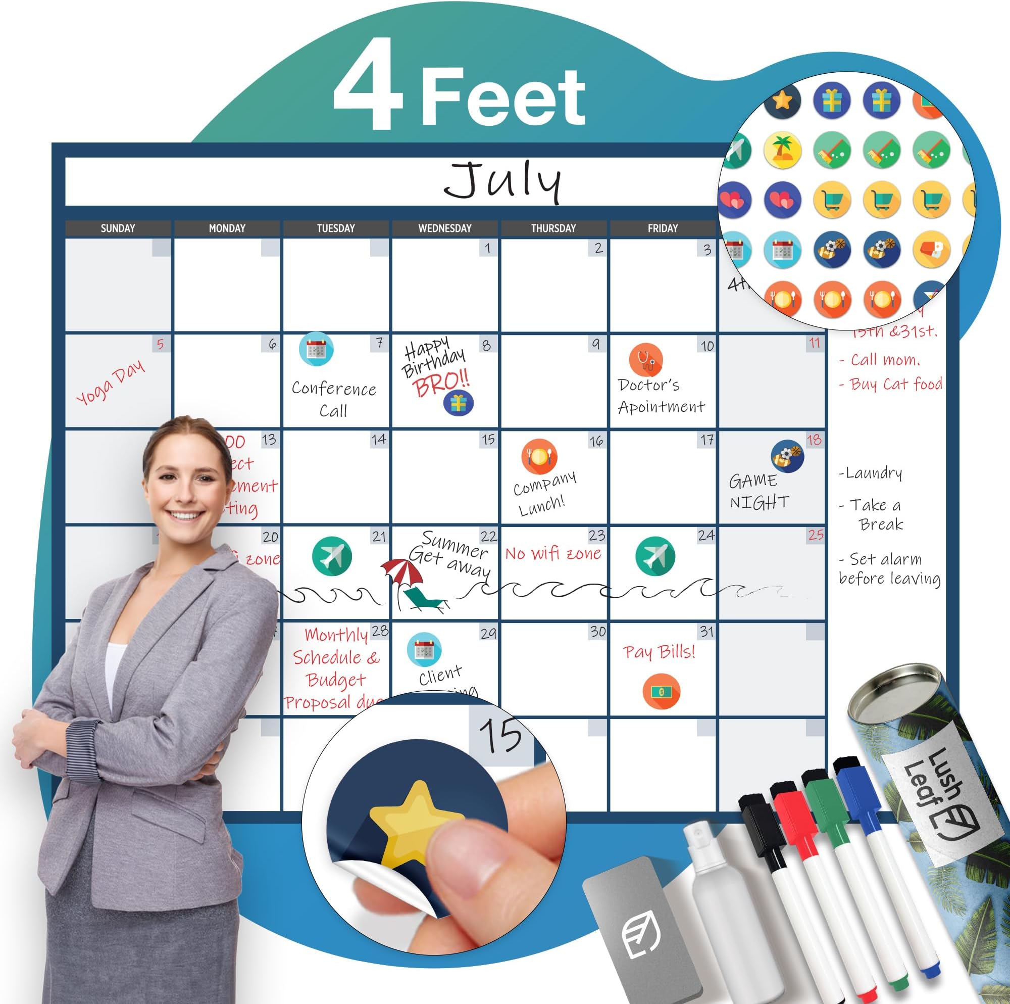 Amazon.com: Dry Erase Calendar for Wall, 36"x48" - Undated, Reusable ...