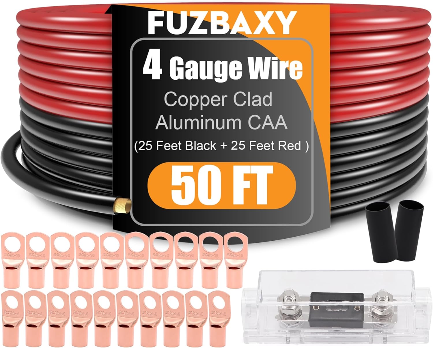 Fuzbaxy 4 Gauge Wire (25 Feet Black+25 Feet Red) Copper Clad Aluminum ...