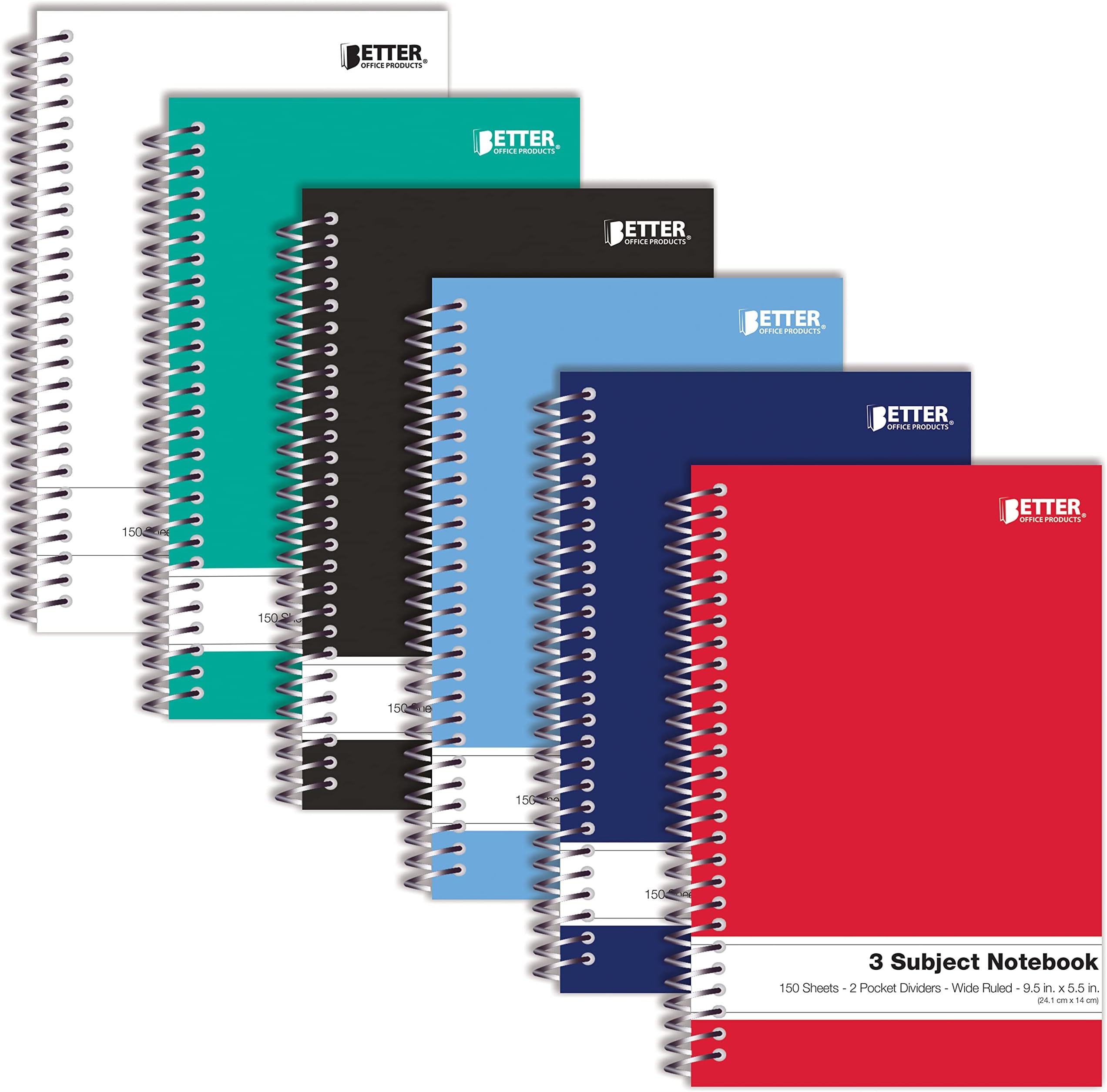 Amazon.com : Better Office Products 3 Subject Spiral Notebooks, 9.5 x 5 ...
