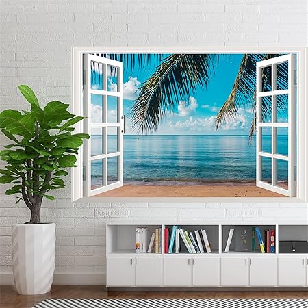 Amazon.com: Erllsino Sea Beach Wall Sticker Sunset Seascape Fake Window ...