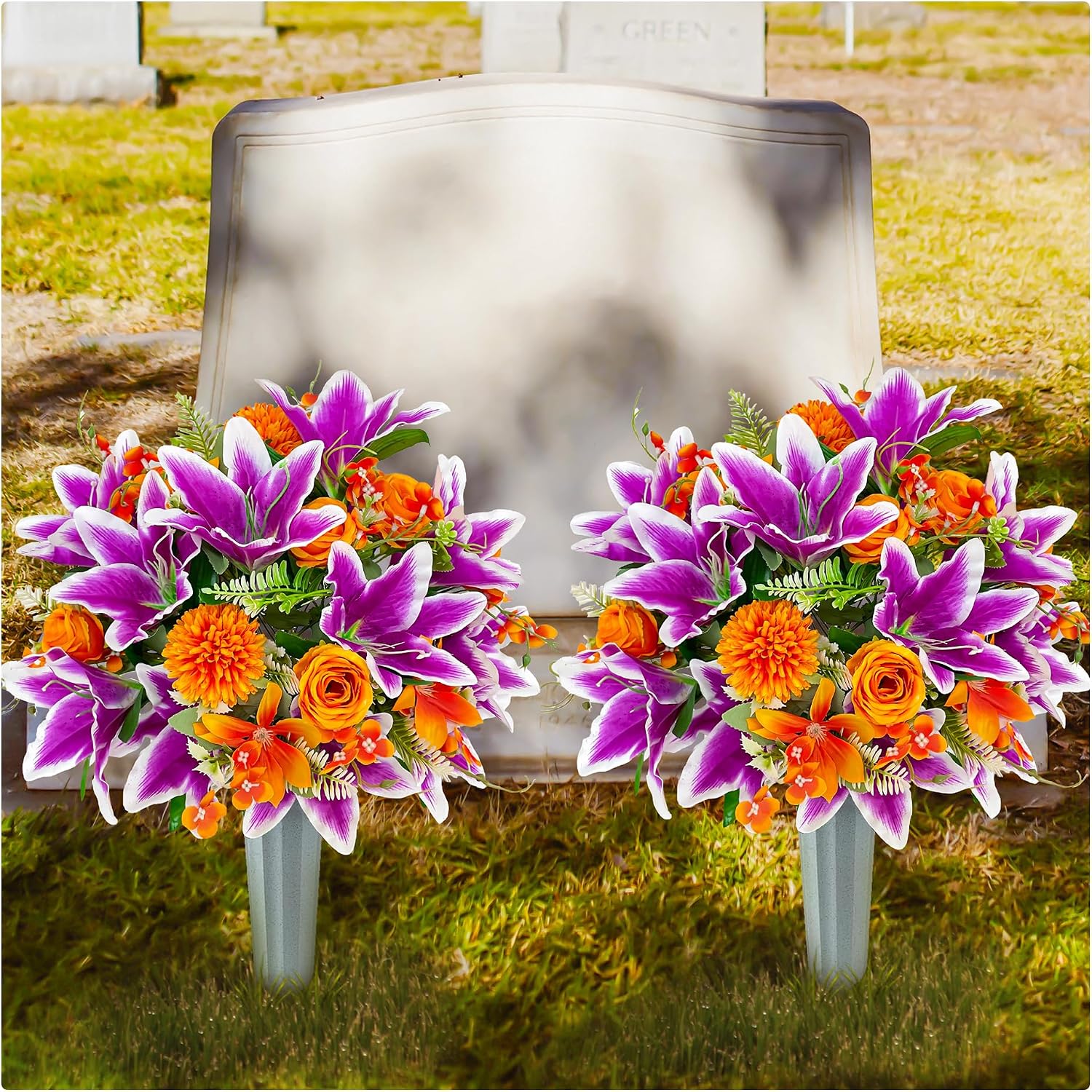 Amazon.com: FLOWERIA 2 Bouquets Grave Flowers for Cemetery Vase ...
