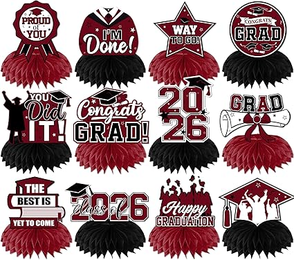 Amazon.com: 12Pcs Maroon Graduation Decorations Class of 2026 Honeycomb ...