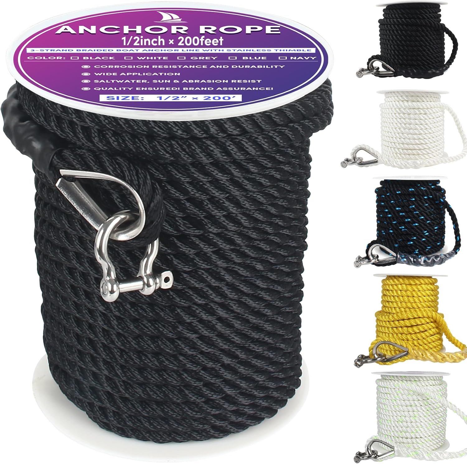 Amazon.com: VEITHI Boat Anchor Rope 200 ft x 1/2 inch Black, 3 Strand ...