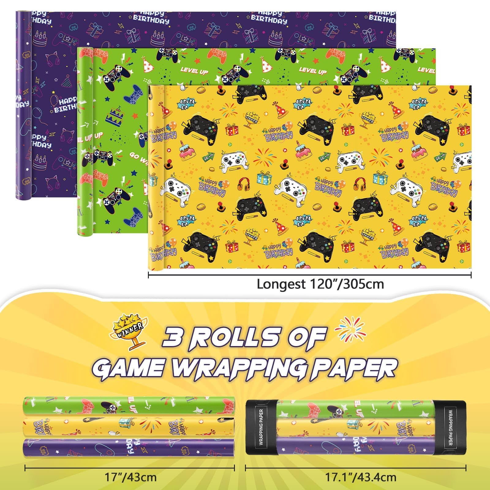 Snapklik.com : Gaming Wrapping Paper Rolls - 3 Short Rolls Birthday ...