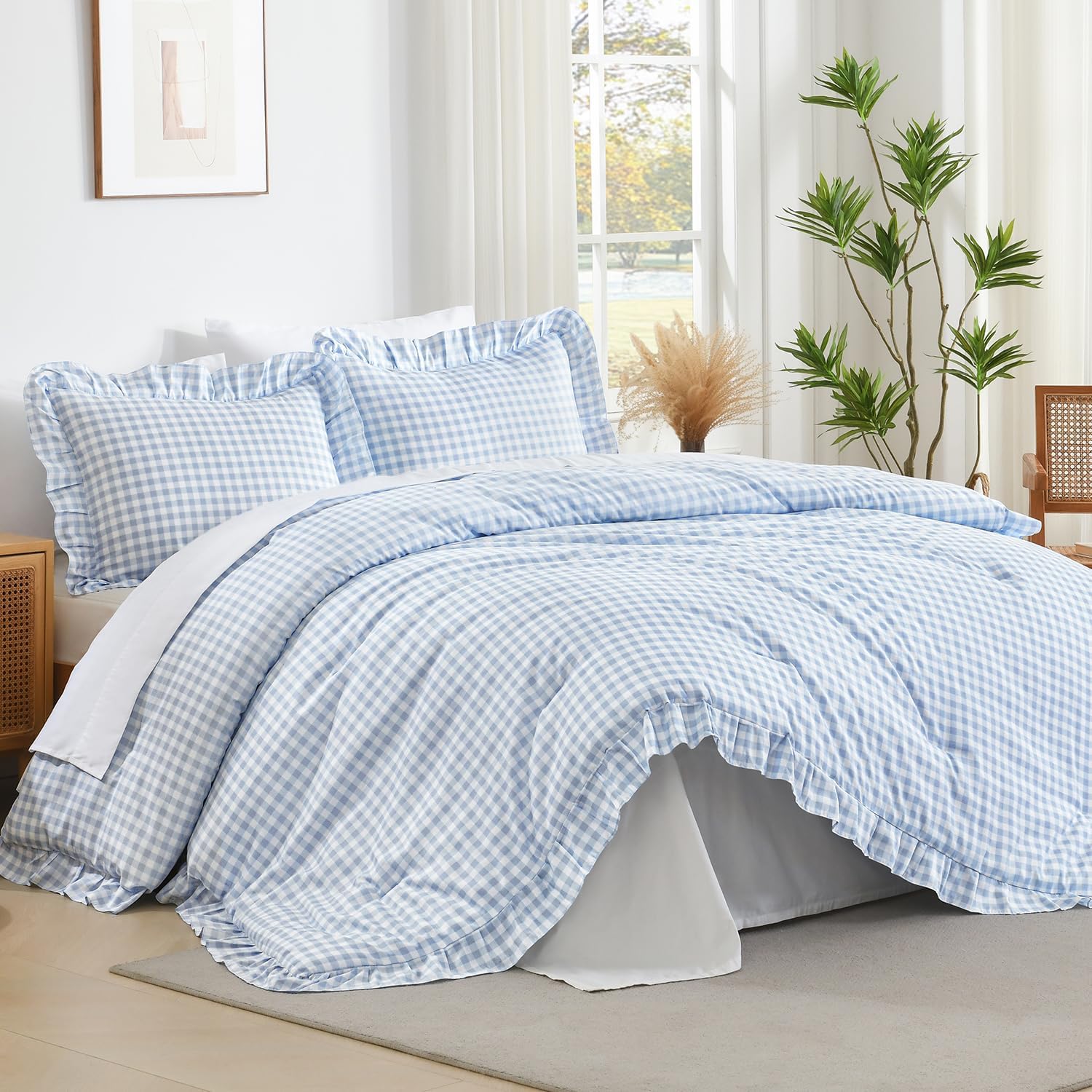 Andency Blue Gingham Ruffle Comforter Queen(90x90Inch), 3 Pieces(1 ...