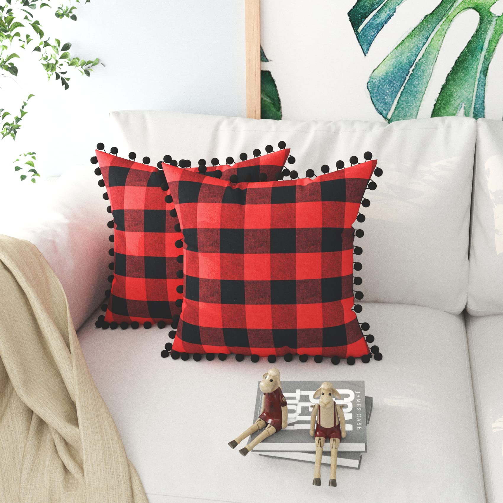 NATUS WEAVER Buffalo Check Throw Pillow Covers with Pom Poms Gingham ...