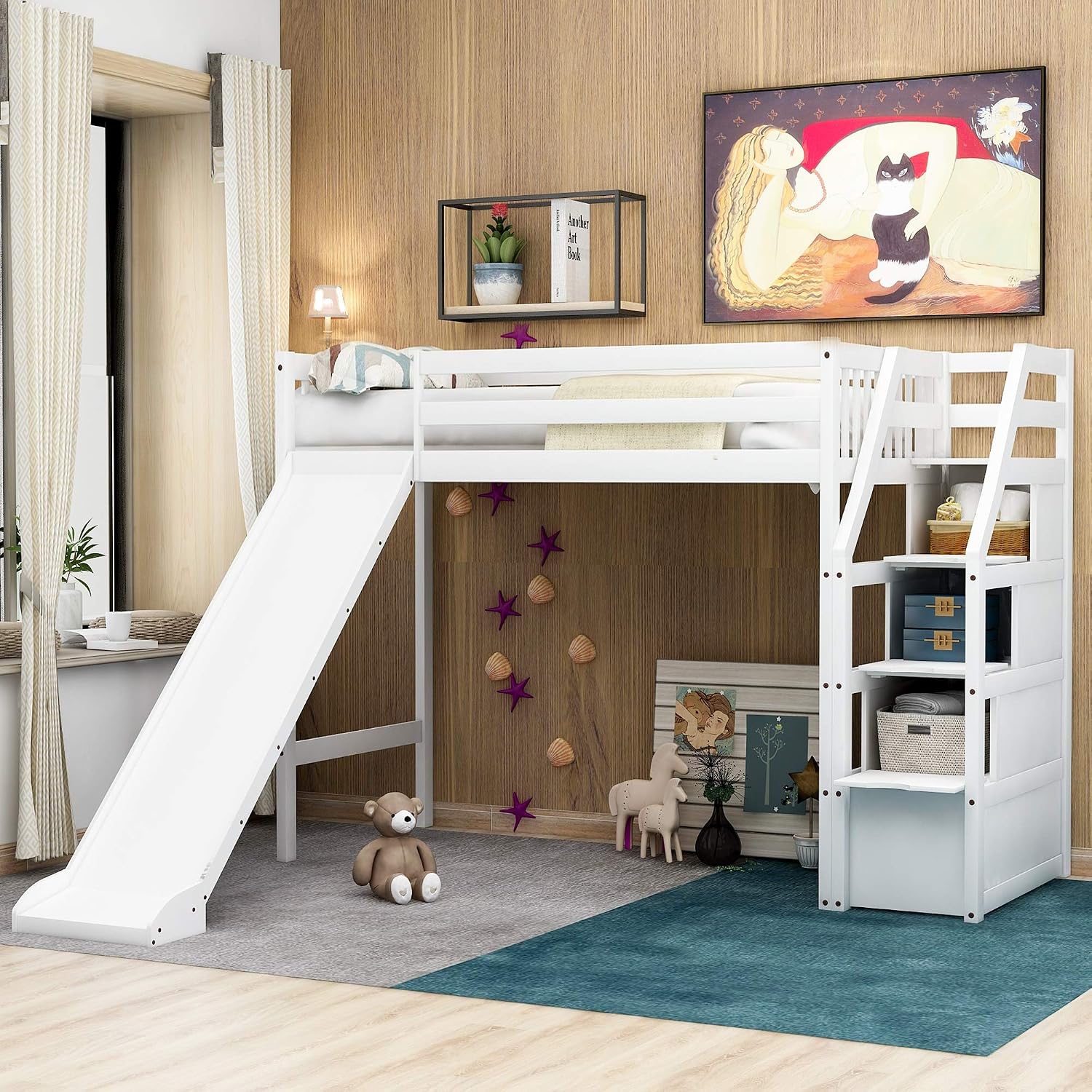 Amazon.com: MERITLINE Twin Loft Bed with Slide and Drawers, Wood ...