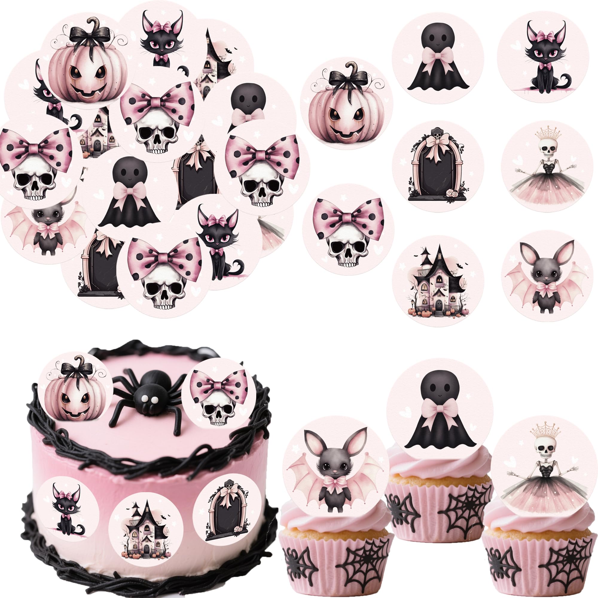 36pcs Edible Pink Halloween Cupcake Toppers Wafer Paper Spooky Bat ...