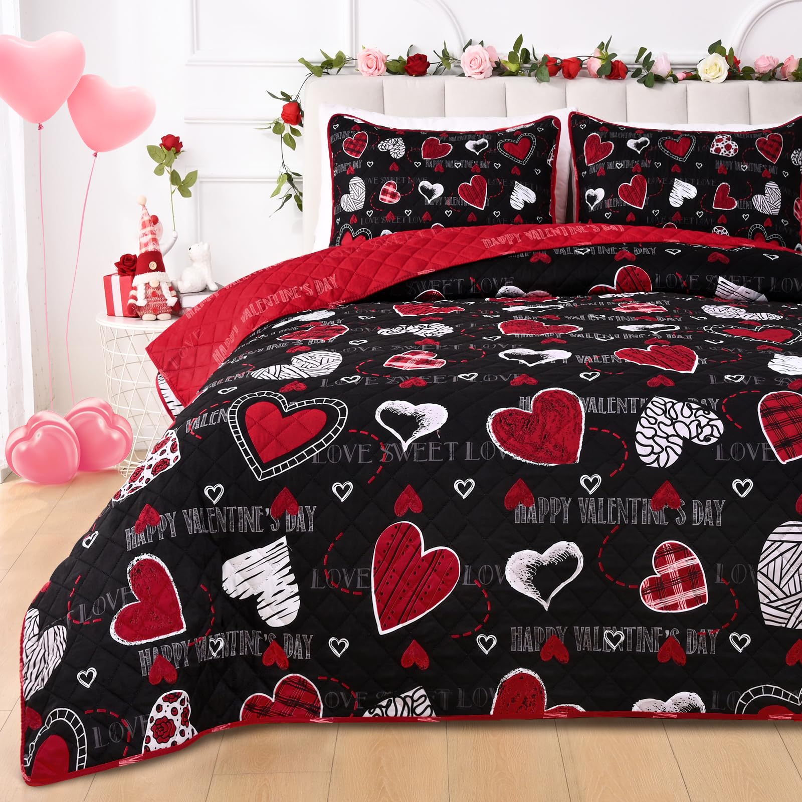 Amazon.com: Likiyol 3 Piece Valentines Day Quilts Queen Size, Heart ...