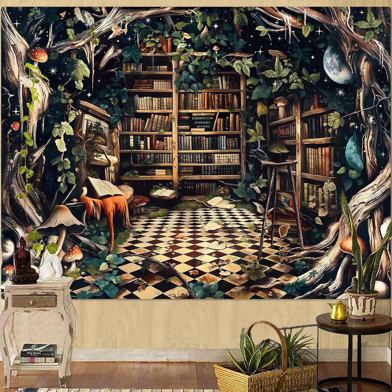 Amazon.com: Accnicc Fantasy Forest Bookshelf Tapestry Witchy Fairy Tree ...