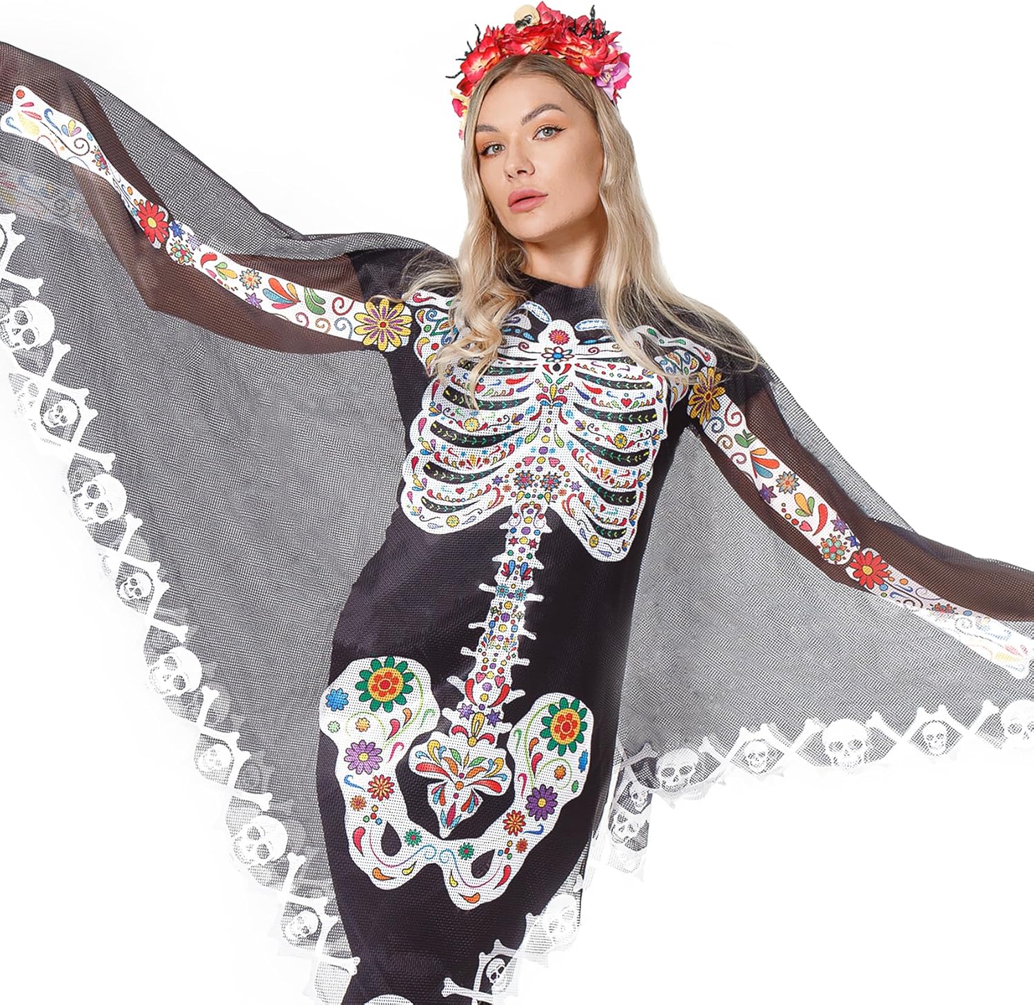 Amazon.com: WATCPNO Halloween Skeleton Poncho for Women Day of The Dead ...