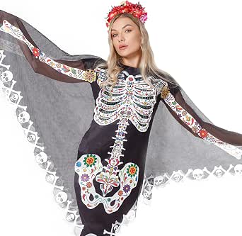 Amazon.com: WATCPNO Halloween Skeleton Poncho for Women Day of The Dead ...