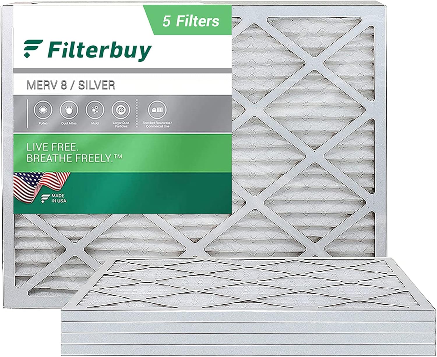 Filterbuy 20x25x1 Air Filter MERV 8, Pleated HVAC AC Furnace Filters (5 ...