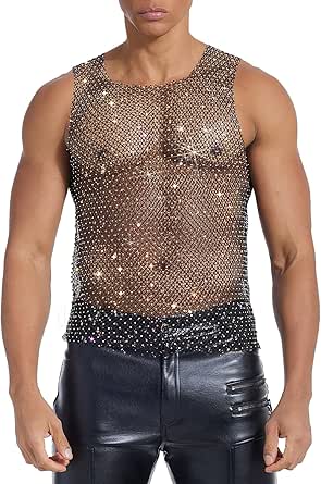 Amazon.com: Mens Rhinestone Shirt Sparkly Mesh Black Top, Black Rave ...