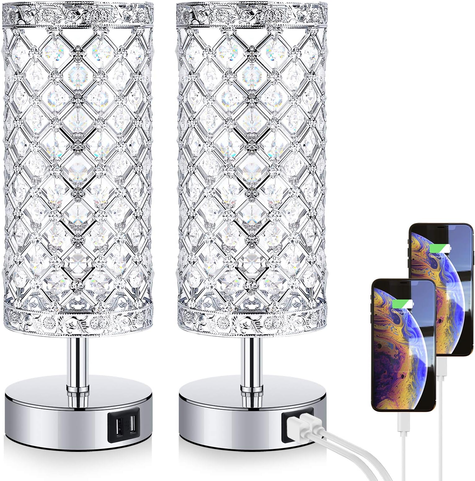 Touch Control Crystal Table Lamp Set of 2 Bedside Nightstand Lamps with ...