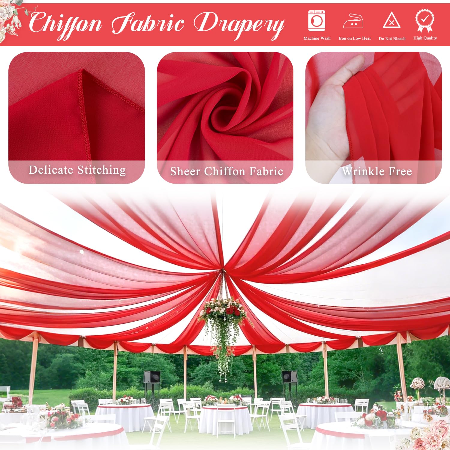 Snapklik.com : Red Chiffon Ceiling Drapes For Weddings 5x10FT 6 Panels ...
