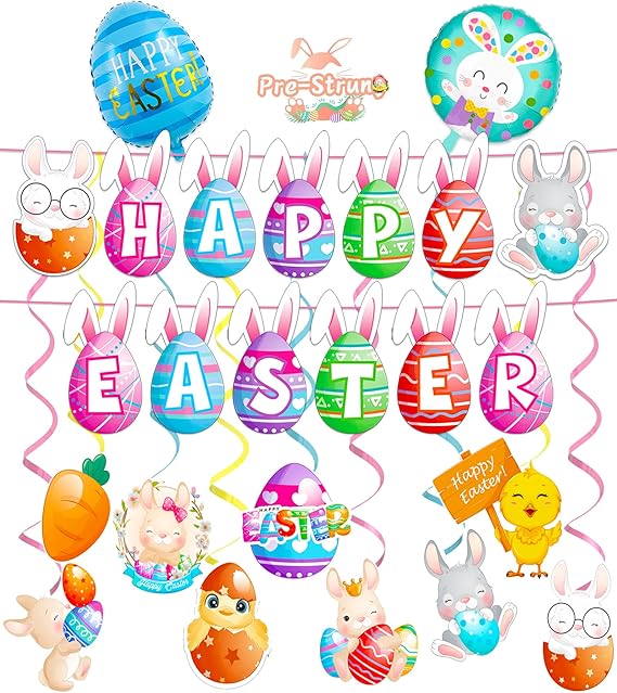 Amazon.com: Pre-Strung Happy Easter Banner, Easter Decorations, Easter ...