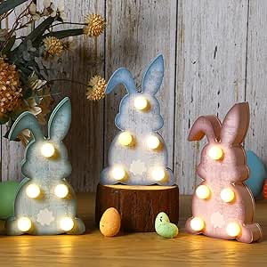 Amazon.com: Gejoy 3 Pcs LED Lighted Easter Bunny Table Sign 7" Rustic ...