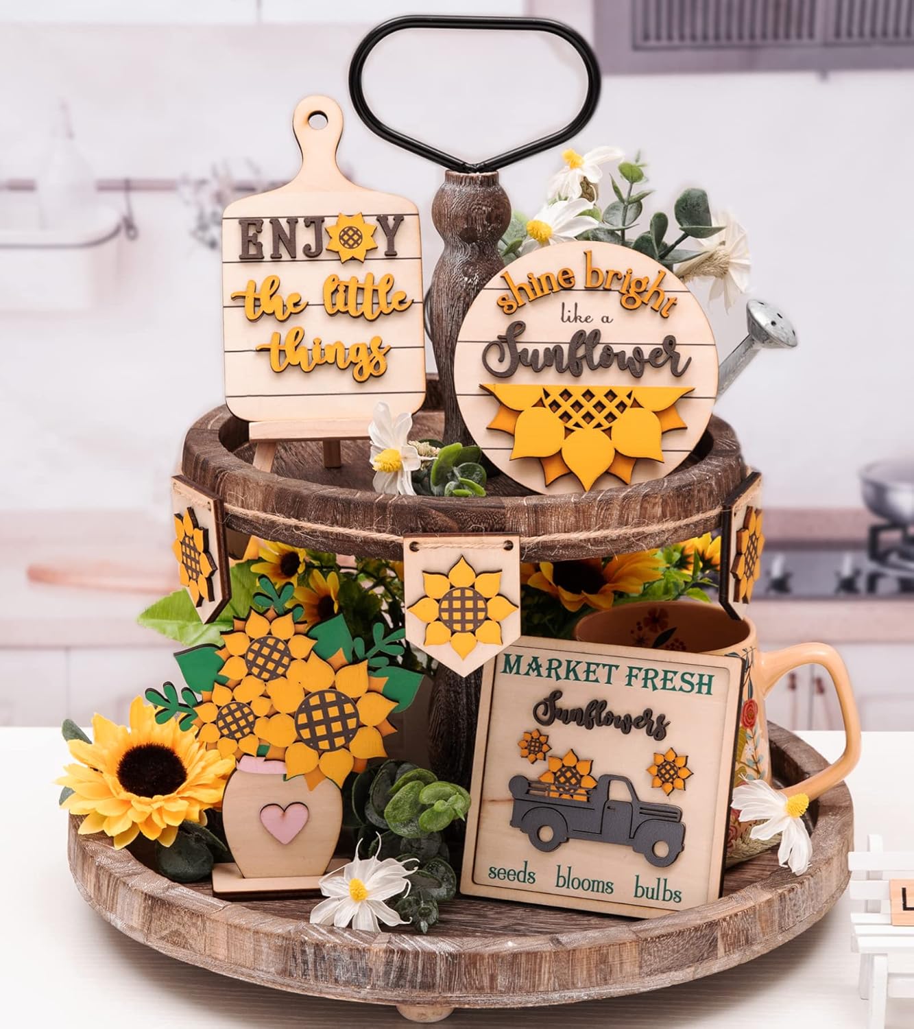 Amazon.com: Farmhouse Sunflower Decorations - Rustic Sunflower Tiered ...