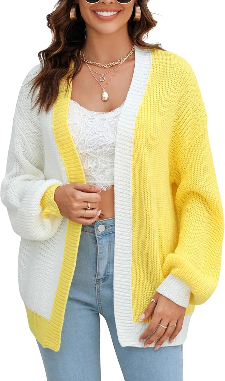 Xeyine Women's Color Block Cardigan Sweater Long Sleeve Ribbed Knit ...