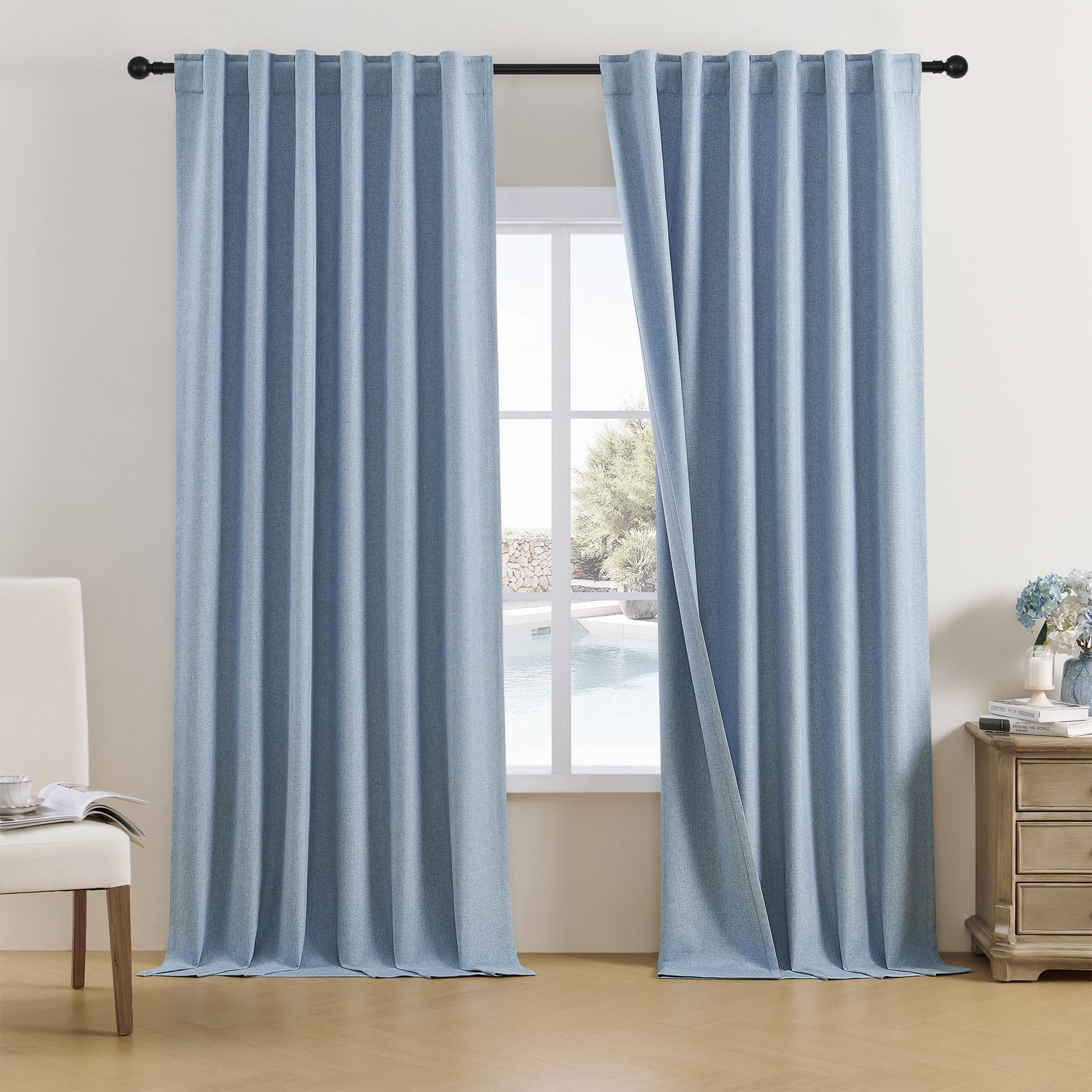 Amazon.com: DUALIFE Extra Long 132 Inch Linen Blackout Curtains 2 ...