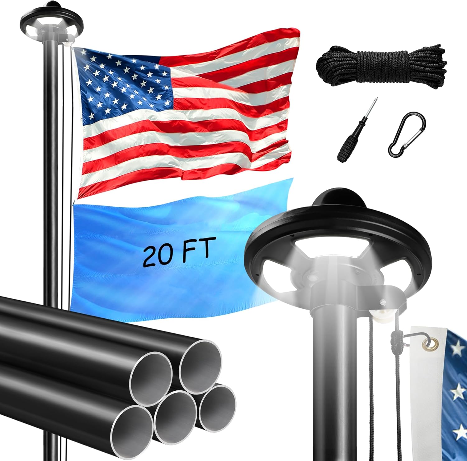 Amazon.com : 20 FT Flag Pole Light Solar Powered, 12 Gauge Heavy Duty ...