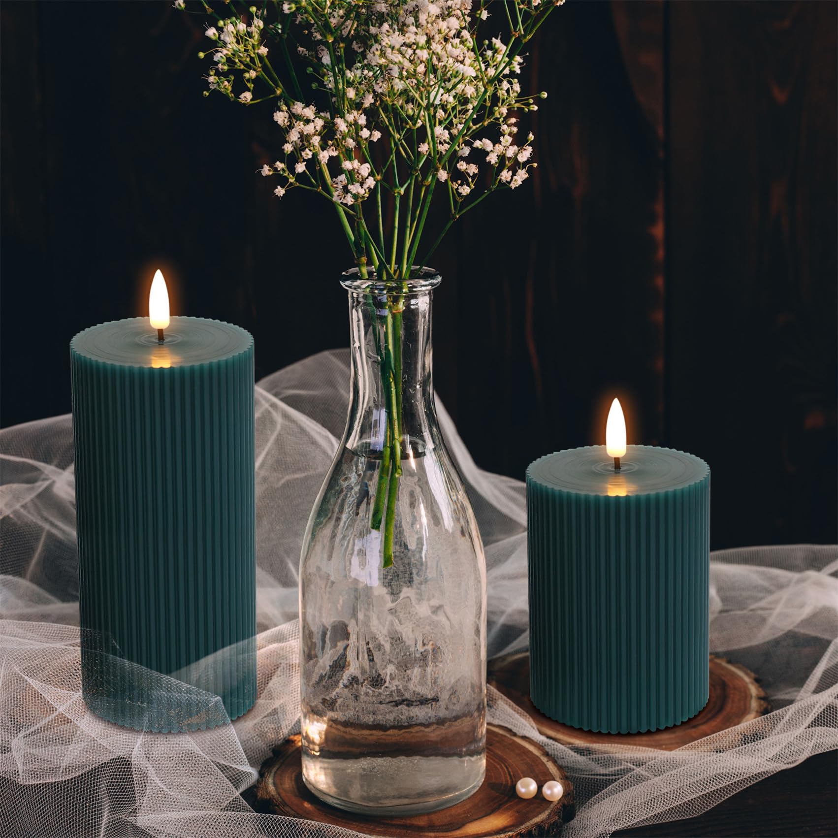 Girimax Teal Ribbed Flameless Pillar Candles with Remote, 2 Pack ...