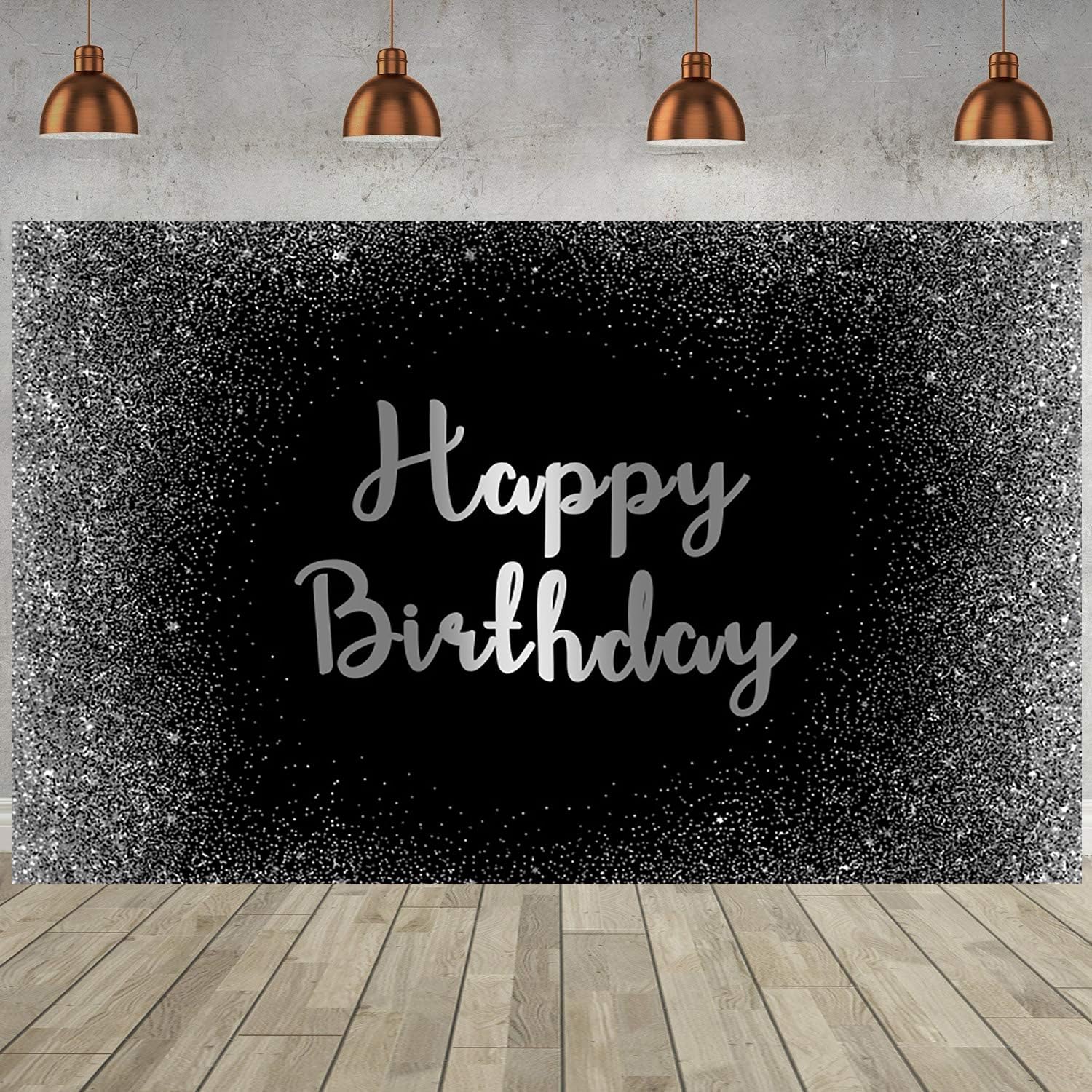 8x6FT Birthday Backdrop Black and Silver Grey Glitter Happy Birthday ...