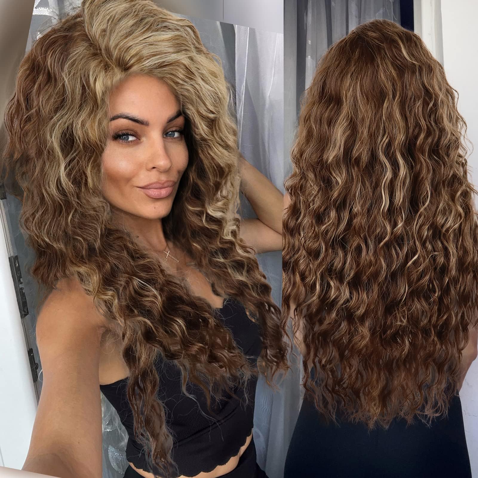 Amazon.com : GNIMEGIL Long Wavy Wigs for Women Brown Mixed Blonde Ombre ...