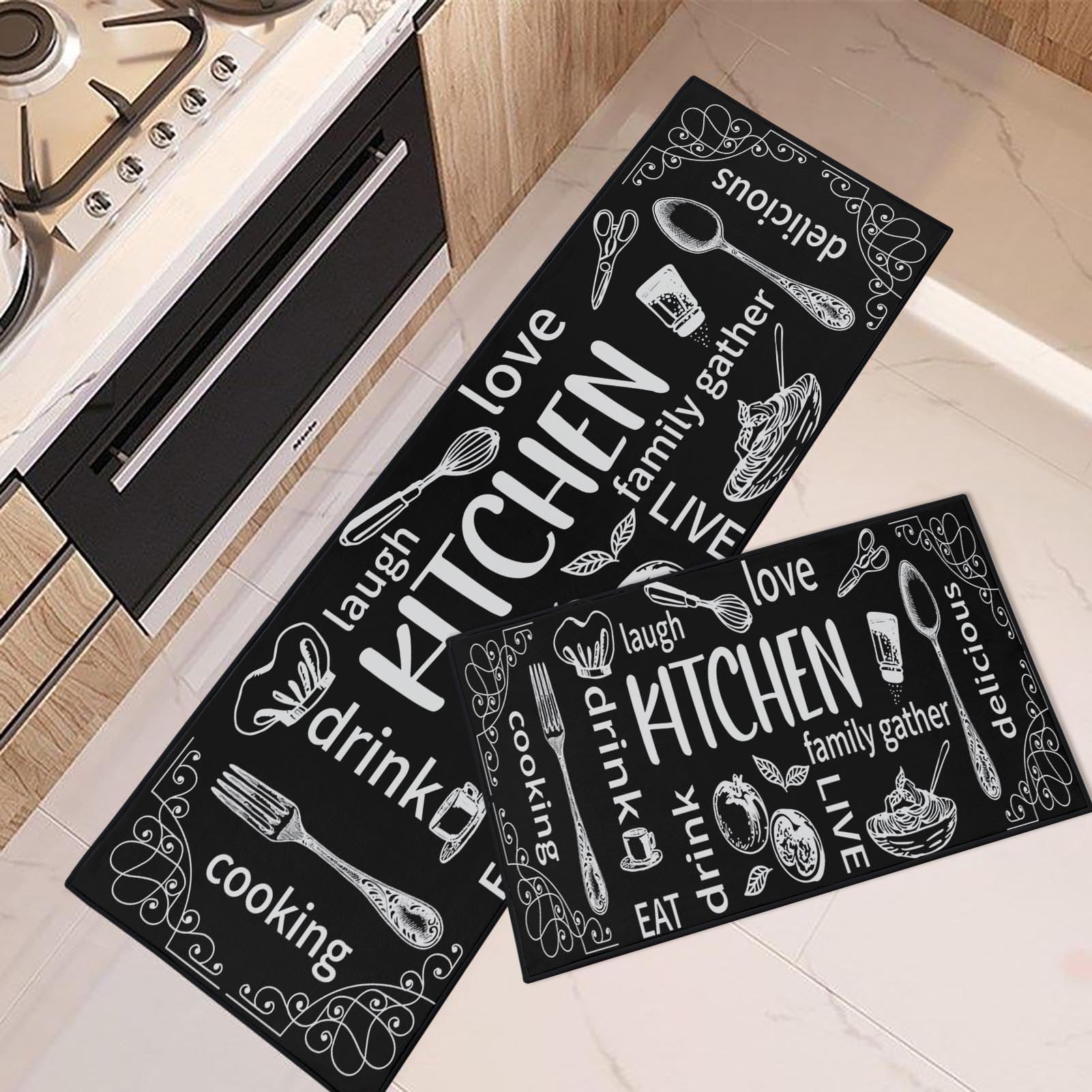 Amazon.com: 2 Piece Farmhouse Kitchen Rug Set, Black and White Rustic ...
