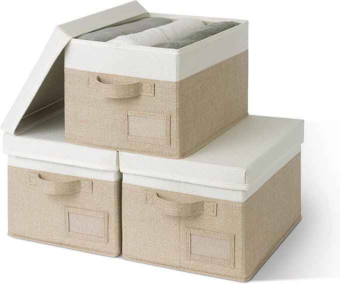 GRANNY SAYS Khaki Fabric Storage Boxes with Lids, Pack of 3, Large (37. ...