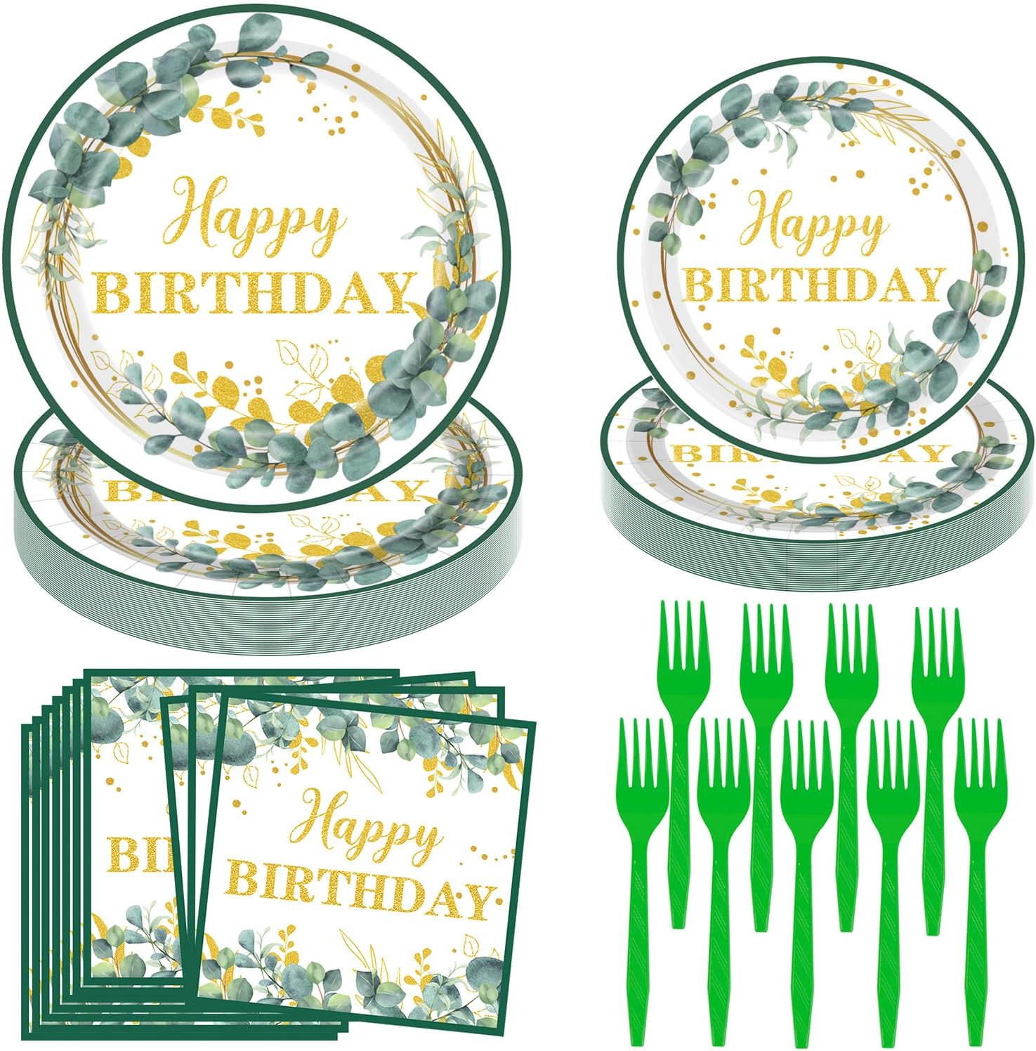 Amazon.com: Sage Green Eucalyptus Happy Birthday Plates-96 Pcs Sage ...