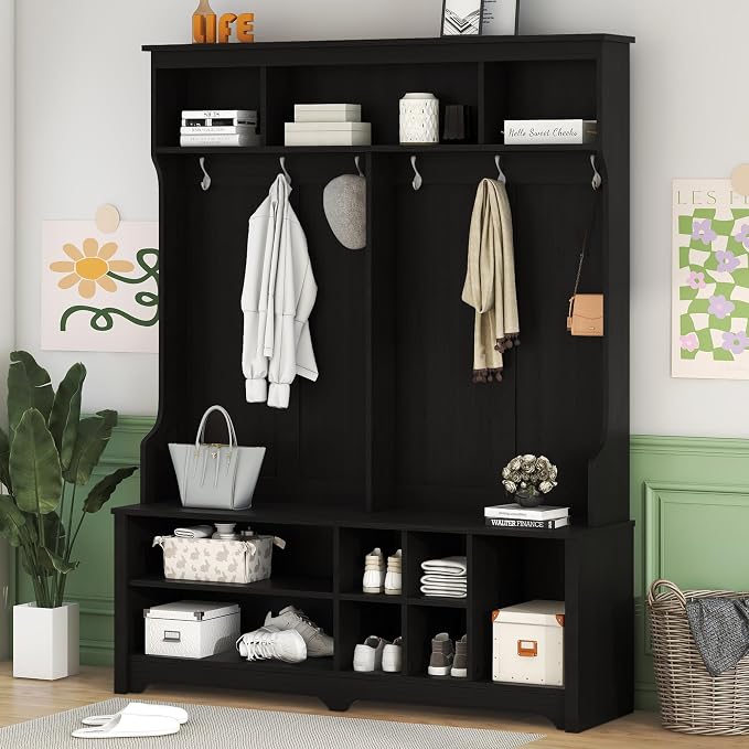 Amazon.com: Wide Hall Tree with Storage Bench, Coat Rack with Shoes ...