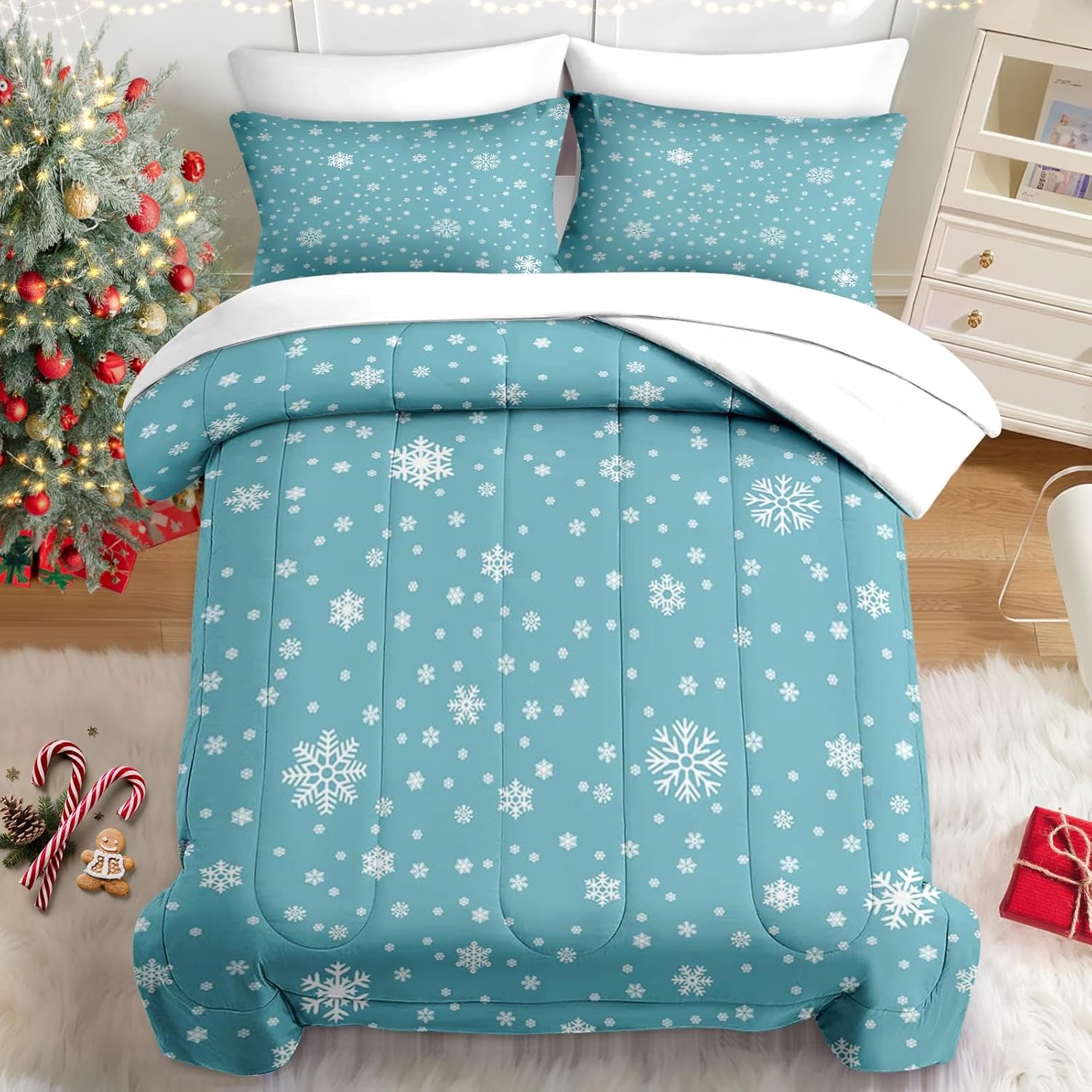 Amazon.com: Nesker 7 Pcs Christmas Comforter Set Queen Size, Blue White ...