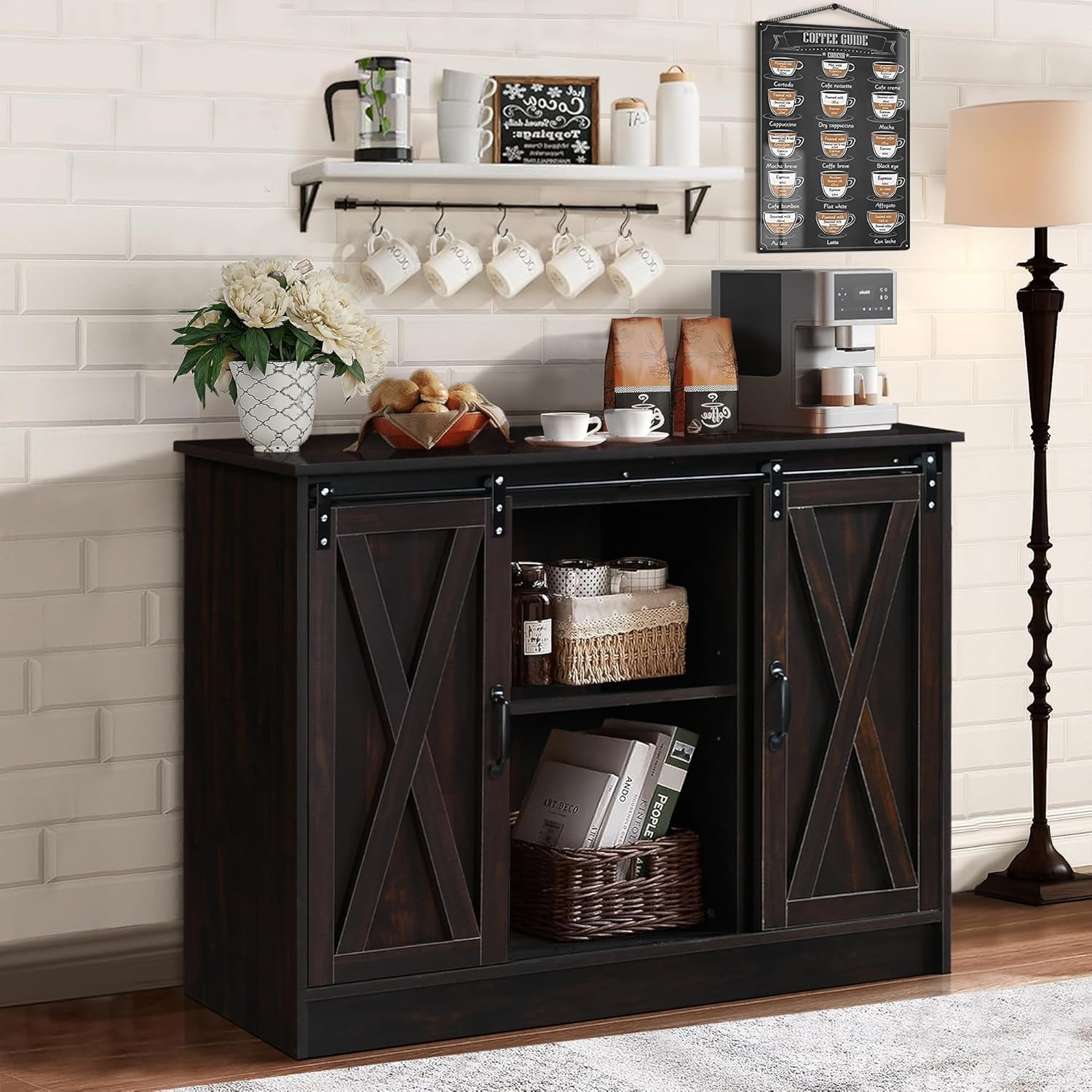 Amazon.com - 4 EVER WINNER Coffee Bar Cabinet with Sliding Barn Doors ...