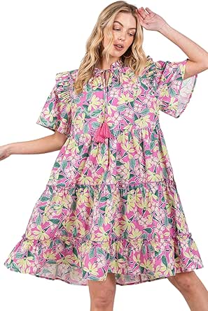 Floral Ruffle Short Sleeve Dress Pink S at Amazon Women’s Clothing store