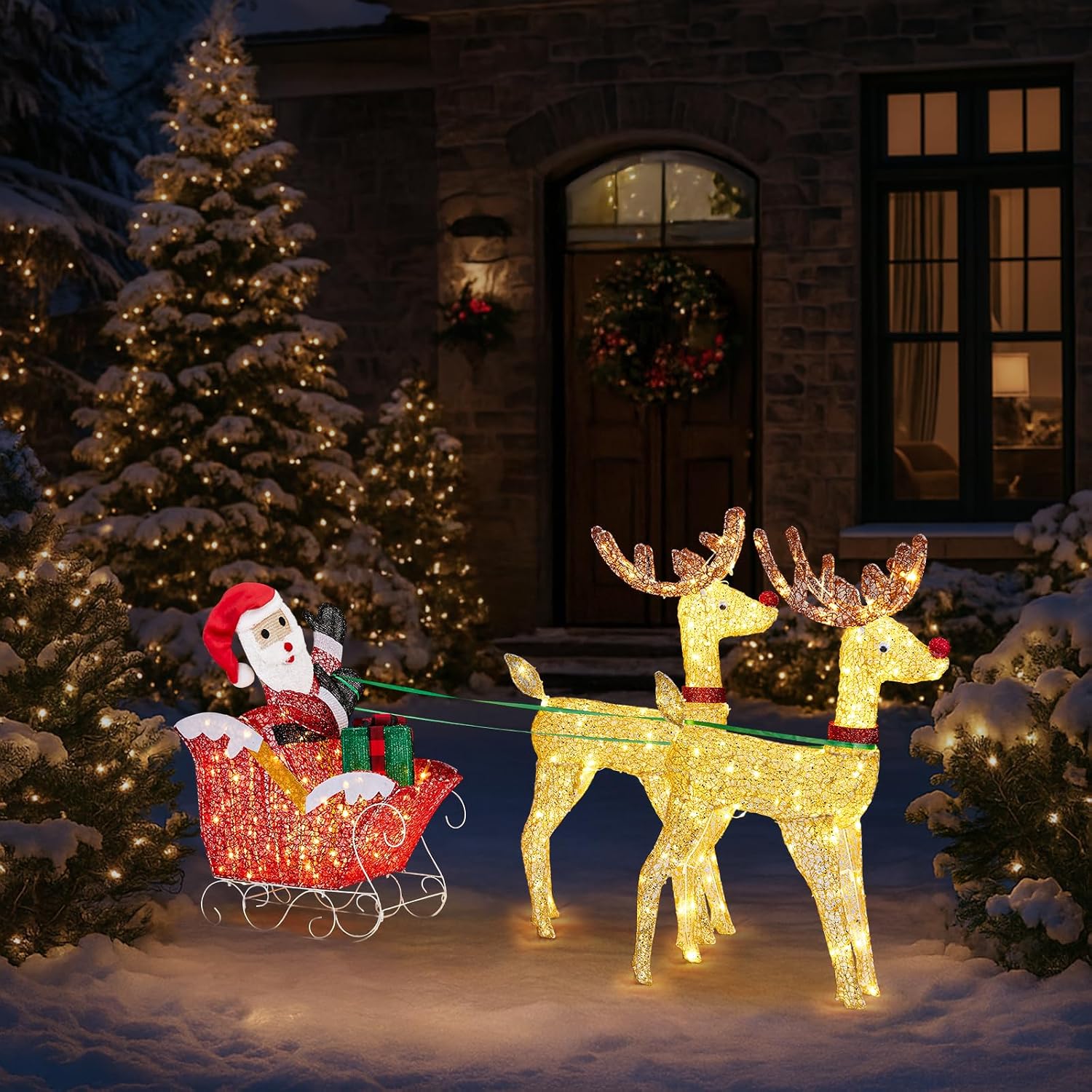 Amazon.com: Lighted Reindeer Pulling Sleigh Christmas Yard Decorations ...