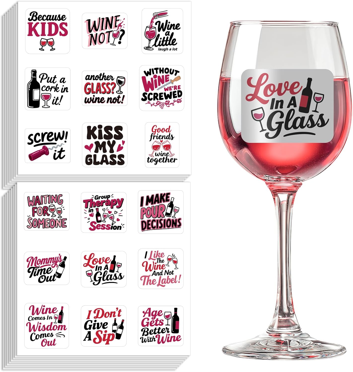 GLOBLELAND 16 Sheets 144 Pcs Funny Wine Words Glass Drink Markers Drink ...